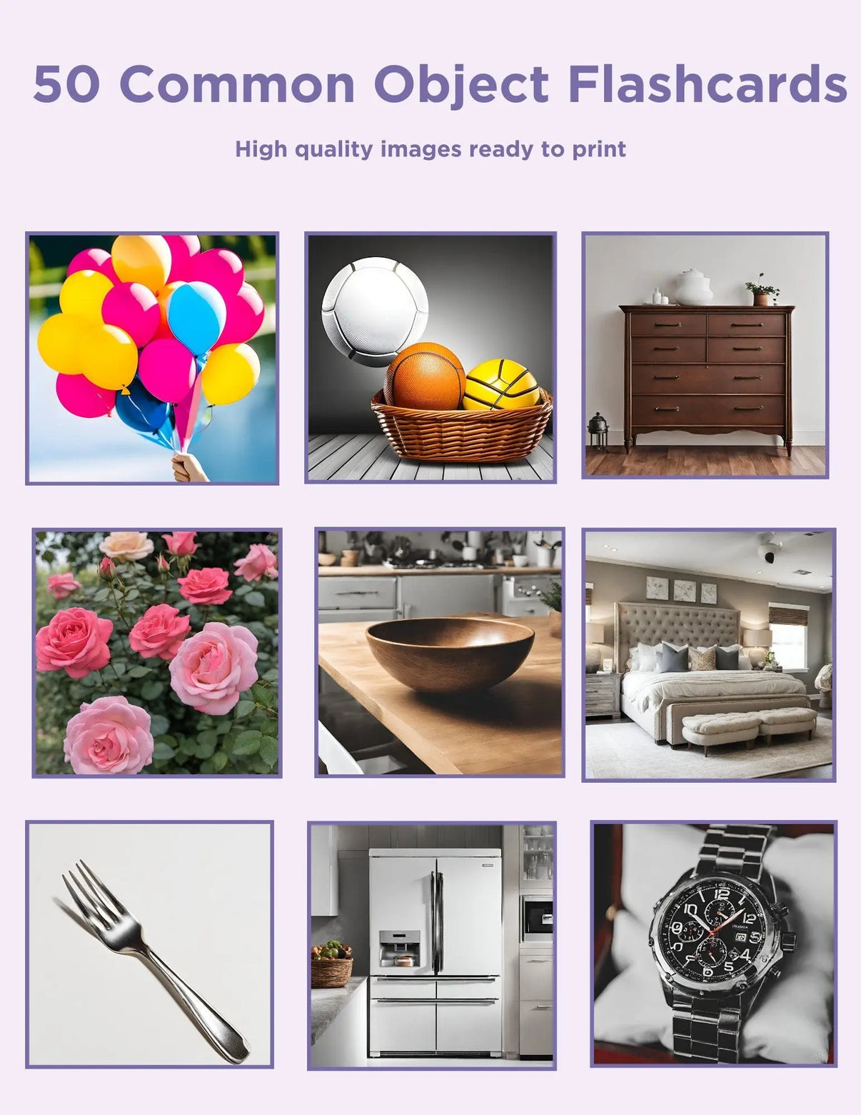 Common Object Flash Cards-50 Printable Picture Only Single Image Cards ...